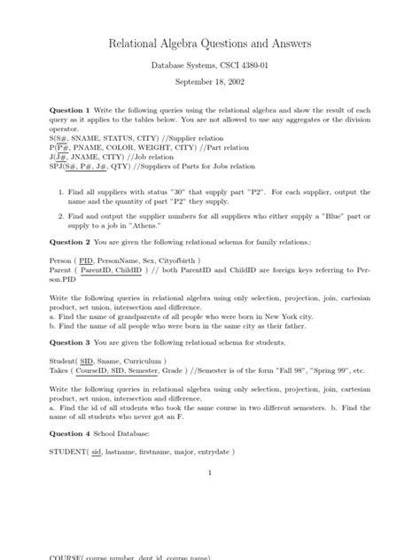 Algebra Questions And Answers Pdf Relational Database Relational