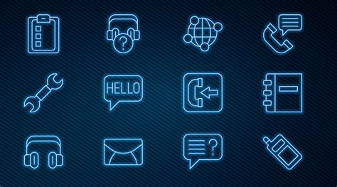 세트 라인 휴대 전화 노트북 글로벌 기술 다른 언어로 인사 렌치 스패너 온라인 퀴즈 테스트 설문 조사 수신 전화 및 질문 아이콘이있는 헤드폰 벡터 Brand Name