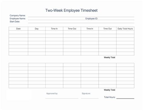 Printable 2 Week Timesheet Template