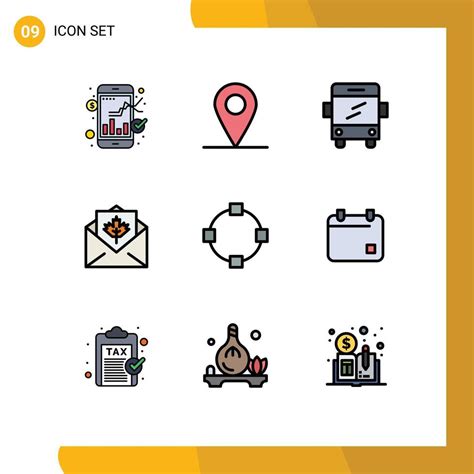 Group Of 9 Filledline Flat Colors Signs And Symbols For Cinema Path Transport Circle Mail