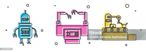 Set Robot Assembly Line And Factory Conveyor System Belt Icon Vector