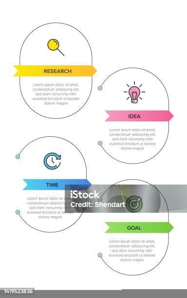 아이콘과 4가지 옵션 또는 단계가 있는 수직 인포그래픽 디자인 얇은 선 인포그래픽 비즈니스 개념 정보 그래픽 흐름 차트 프리젠 테이션 모바일 웹 사이트 인쇄 된 자료에