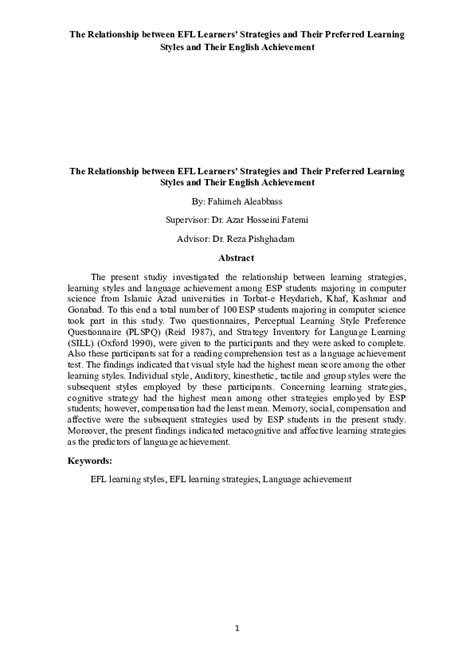 Doc The Relationship Between Efl Learners Strategies And Their Preferred Learning Styles And