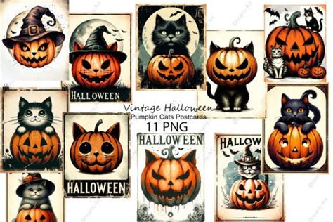 Vintage Halloween Pumpkin Cats Postcards Graphic By Dreamy Art