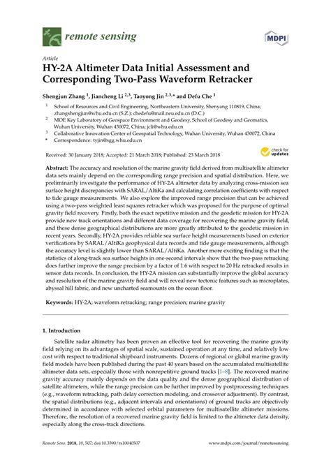 Pdf Hy 2a Altimeter Data Initial Assessment And Corresponding Two Pass Waveform Retracker