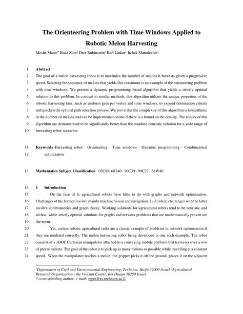 Pdf The Orienteering Problem With Time Windows Applied To Robotic Melon Harvesting