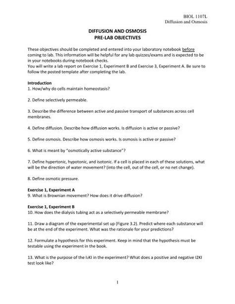 Diffusion And Osmosis Pre Lab Objectives