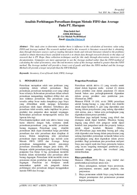 Pdf Analisis Perhitungan Persediaan Dengan Metode Fifo Dan Average Pada Pt Harapan