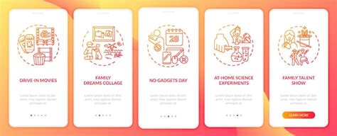 개념이있는 모바일 앱 페이지 화면을 온 보딩하는 가족의 즐거운 아이디어 온 가족이 5 단계 그래픽 지침을 안내하는 가젯 데이가