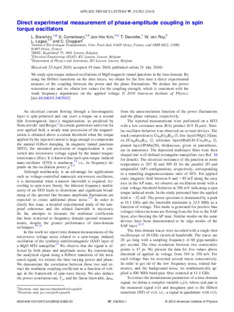 Pdf Direct Experimental Measurement Of Phase Amplitude Coupling In Spin Torque Oscillators