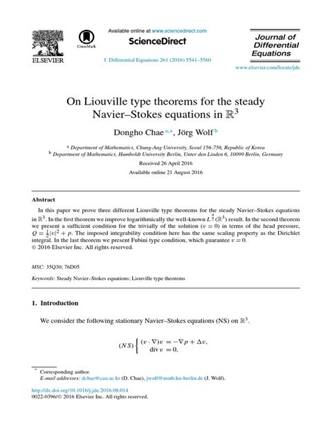Chae 和 Wolf 2016 On Liouville Type Theorems For The Steady Navier S