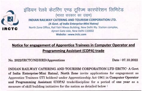 Irctc Apprenticeship 2022 For 80 Copa Apprentice Post