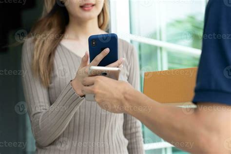 Happy Smile Asian Woman Scan QR Code For Pay Of Food Delivery Man Send Deliver Express Online