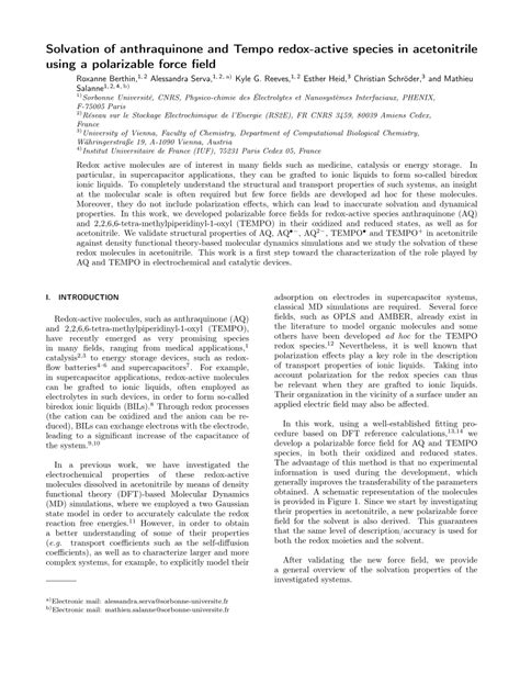 Pdf Solvation Of Anthraquinone And Tempo Redox Active Species In Acetonitrile Using A