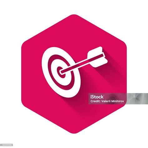 긴 그림자 배경으로 격리 된 화이트 타겟 재무 목표 개념 아이콘 상징적 인 목표 달성 성공 핑크 육각형 버튼 벡터 벡터에 대한 스톡 벡터 아트 및 기타 이미지 Istock