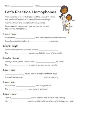 4th Grade Homophones Worksheet Printable Sheet Education