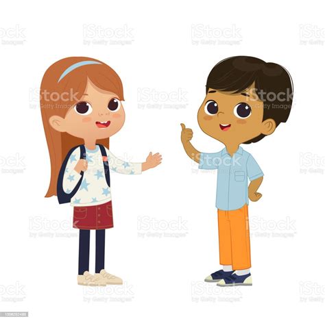 웃는 귀여운 소년과 소녀의 만화 벡터 그림텍스트 장소와 거품을 가리키는 유치원 어린이 소년과 소녀 흰색 배경에 고립 된 학교 아이들 그림 소년에 대한 스톡 벡터 아트 및