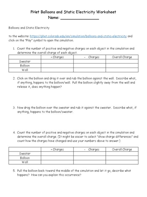 Phet Balloons And Static Electricity Worksheet Name Pdf Balloon Electric Charge