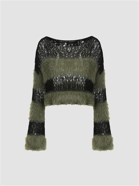 사이다 Cider 에스파 카리나 착용 스트라이프 디스트로이드 퍼지 종 슬리브 니트 탑 위시버킷