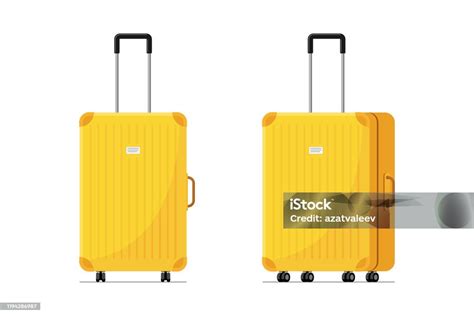 바퀴와 개폐식 손잡이 앞면과 측면보기가있는 노란색 플라스틱 가방 여름 바카토인 주르메이 벡터 일러스트를 위한 수하물 가방 휴대