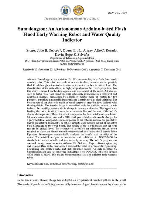 Pdf Sumalongson An Autonomous Arduino Based Flash Flood Early Warning Robot And Water Quality