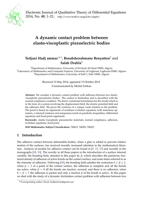 Pdf A Dynamic Contact Problem Between Elasto Viscoplastic Piezoelectric Bodies