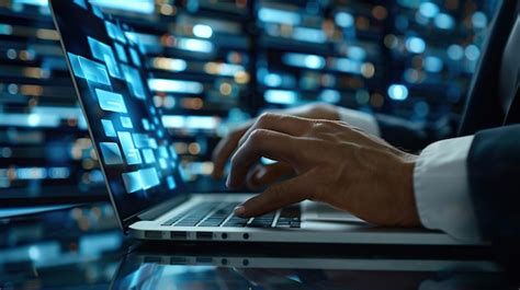 businessman working on a laptop in a data center premium ai generated