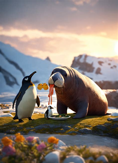 Lexica Cute Walrus Sharing A Meal With A Penguin Unreal Engine