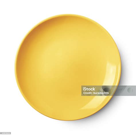 클리핑 경로가 있는 흰색으로 분리된 빈 세라믹 원형 플레이트 접시에 대한 스톡 사진 및 기타 이미지 접시 하이 앵글 노랑 Istock