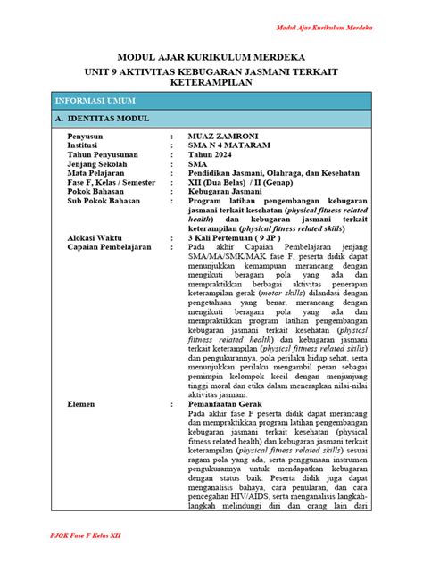 modul ajar unit 9 aktivitas kebugaran jasmani terkait keterampilan