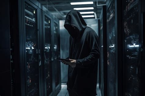 Premium Ai Image Anonymous Hacker With Hood And Mask Steals Data