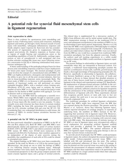 Pdf A Potential Role For Synovial Fluid Mesenchymal Stem Cells In