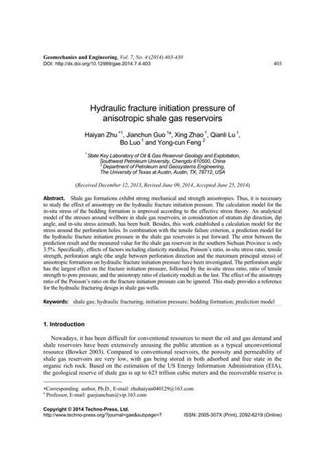Pdf Hydraulic Fracture Initiation Pressure Of Anisotropic Shale Gas Reservoirs