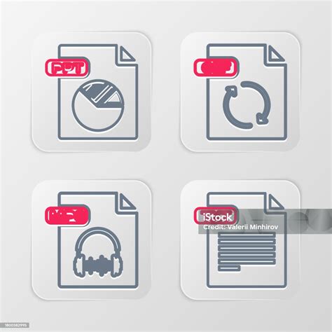 라인 Txt 파일 문서 Mp3  및 Ppt 아이콘을 설정합니다 벡터 개념에 대한 스톡 벡터 아트 및 기타 이미지 개념 녹음 장비 누름 버튼 Istock