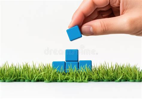 a person carefully stacks several blue blocks upon the grass surface