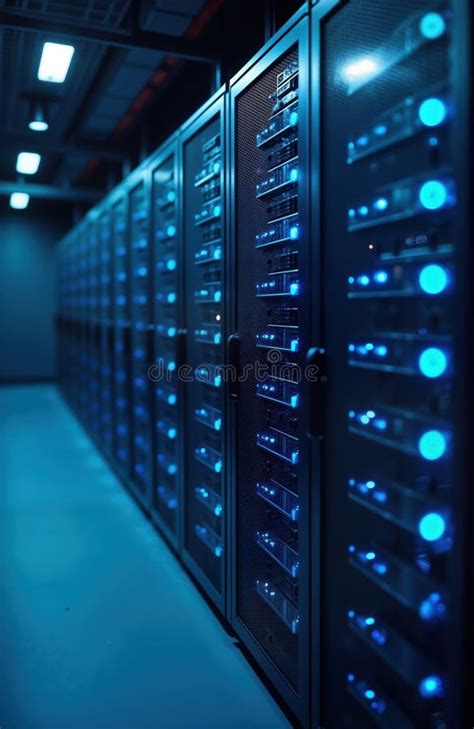 Dark Server Room Filled With Many Server Racks Blue Lights Illuminate Tech Equipment Modern
