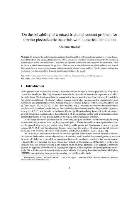 Pdf On The Solvability Of A Mixed Frictional Contact Problem For Thermo Piezoelectric