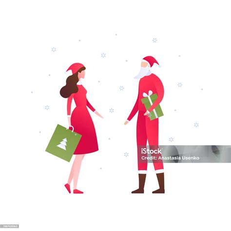 벡터 플랫 크리스마스 축하 사람들 그림입니다 흰색 배경에 선물 가방 상자와 눈 기호와 산타 클로스 의상에 남자와 여자 휴일 개념입니다 배너 포스터 웹을 위한 디자인 요소