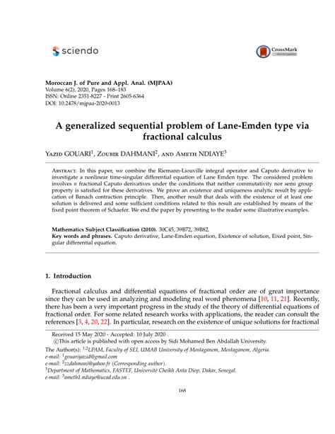 Pdf A Generalized Sequential Problem Of Lane Emden Type Via Fractional Calculus