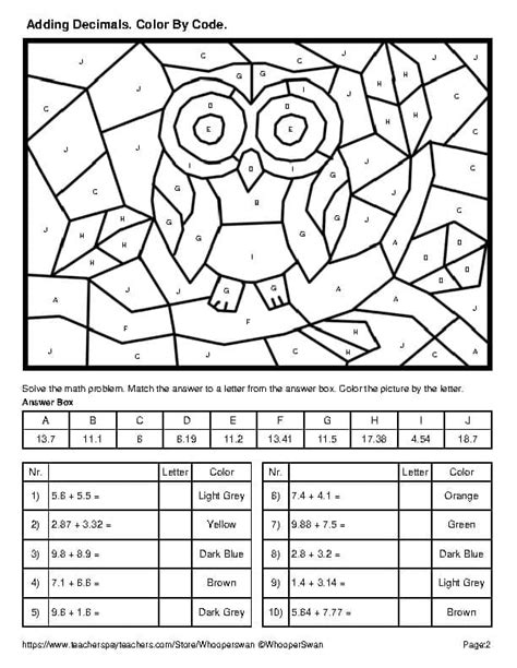 Adding Decimals Coloring Worksheets Color By Code By Whooperswan