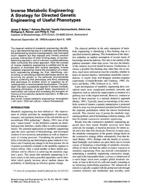 Bailey Et Al 1996 Inverse Metabolic Engineering A Strategy For Directed Genetic Engineering