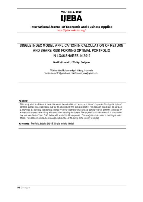 Pdf Single Index Model Application In Calculation Of Return And Share