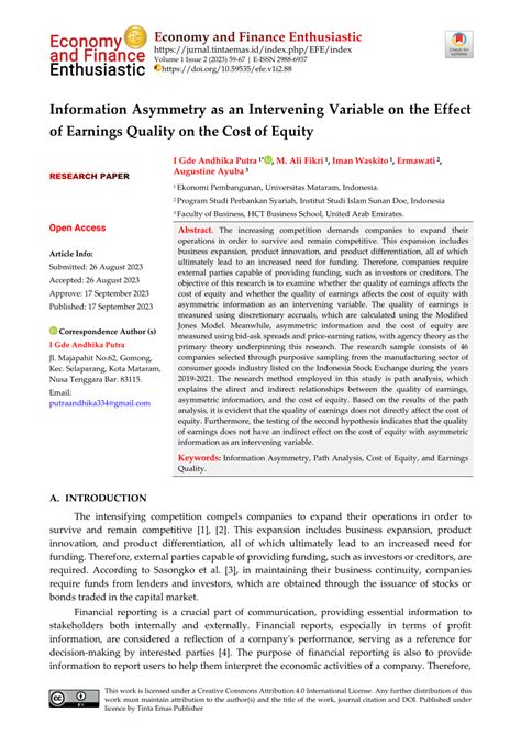 Pdf Information Asymmetry As An Intervening Variable On The Effect Of Earnings Quality On The