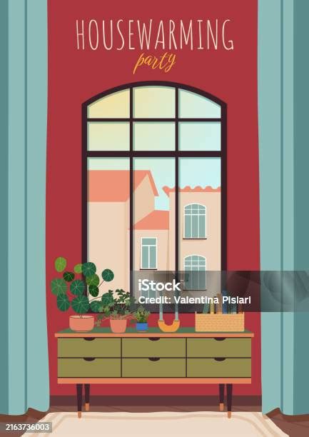 집들이 파티 초대장 또는 인사말 카드 새로운 가정 축하 미드 센추리 모던 스타일의 인테리어 장면과 화려한 엽서 디자인 평면 벡터 일러스트 레이 션 배너 행복한 새 살기 좋은