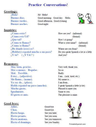 Spanish Conversation Worksheets Printable