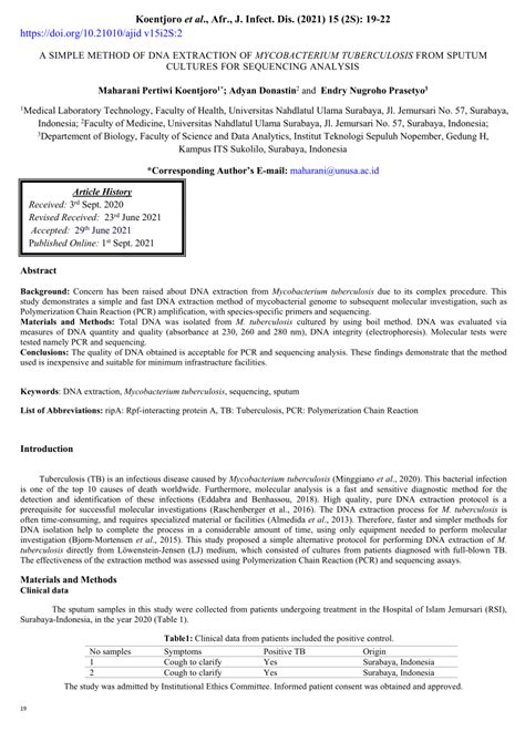 Pdf A Simple Method Of Dna Extraction Of Mycobacterium Tuberculosis From Sputum Cultures For