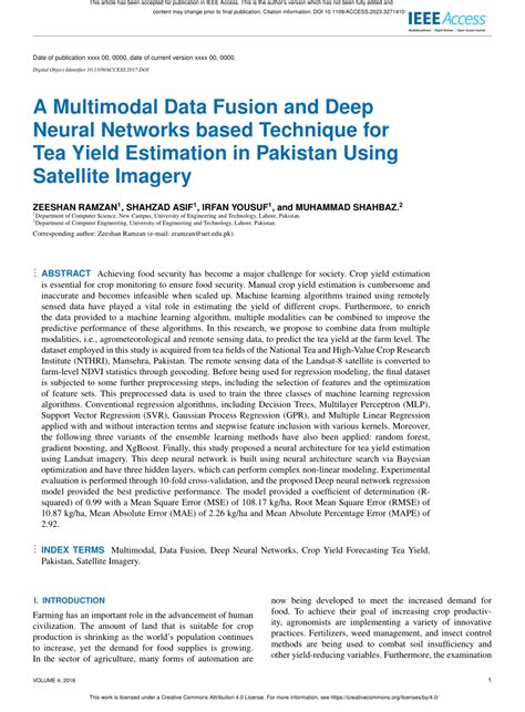 PDF A Multimodal Data Fusion And Deep Neural Networks Based Technique For Tea Yield Estimation