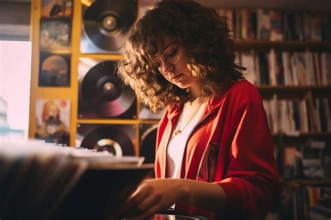 Premium Ai Image Medium Shot Woman Checking Vinyl Records