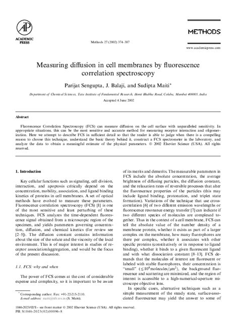 Pdf Measuring Diffusion In Cell Membranes By Fluorescence Correlation Spectroscopy