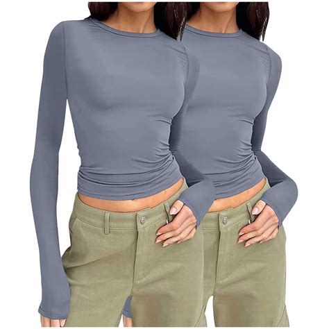 Caijunjia 2 Pack Womens Fall Long Sleeve Tight T Shirts Y2k Crew Neck
